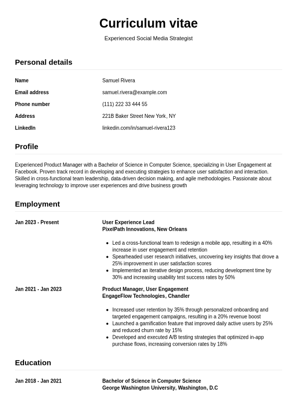 Facebook Resume Example | Jobseeker
