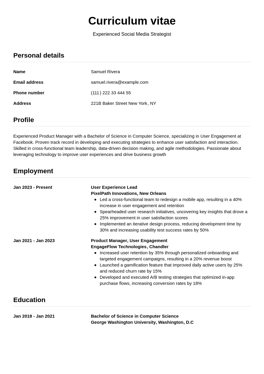 Facebook Resume Example | Jobseeker