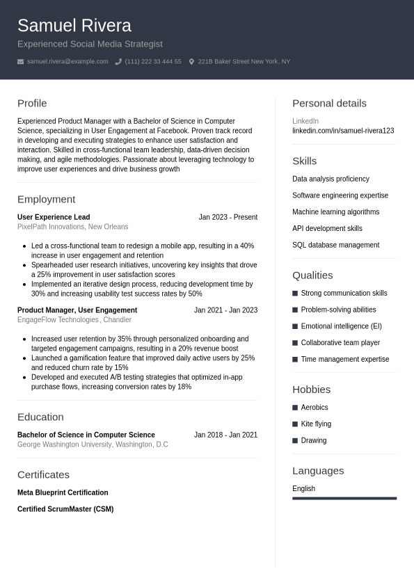 Facebook Resume Example | Jobseeker