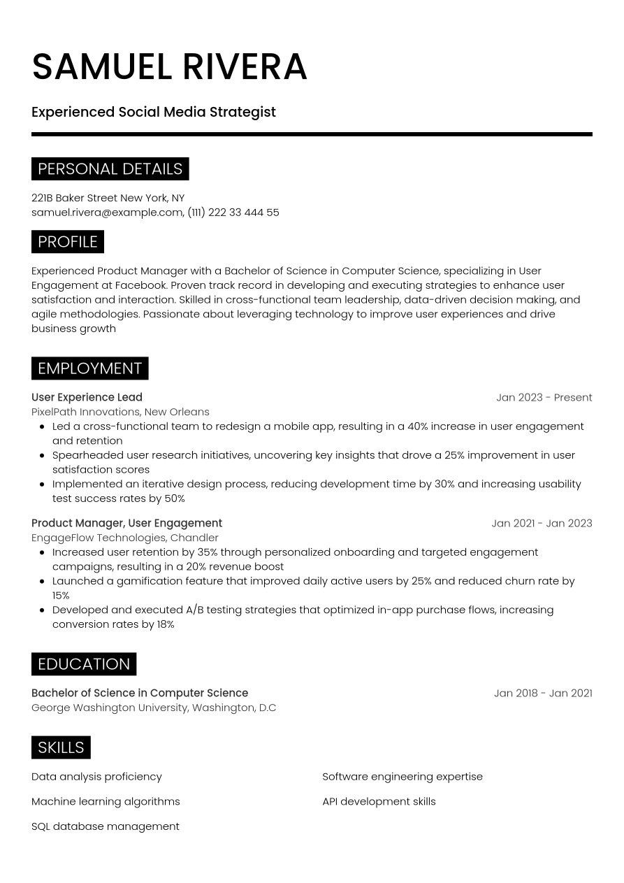 Facebook Resume Example | Jobseeker