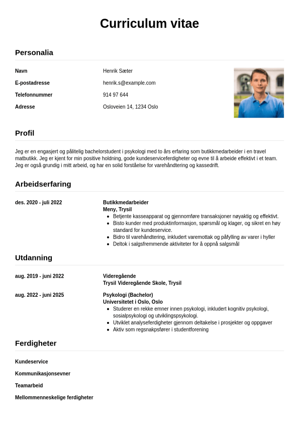 Butikkmedarbeider CV Eksempel | Jobseeker