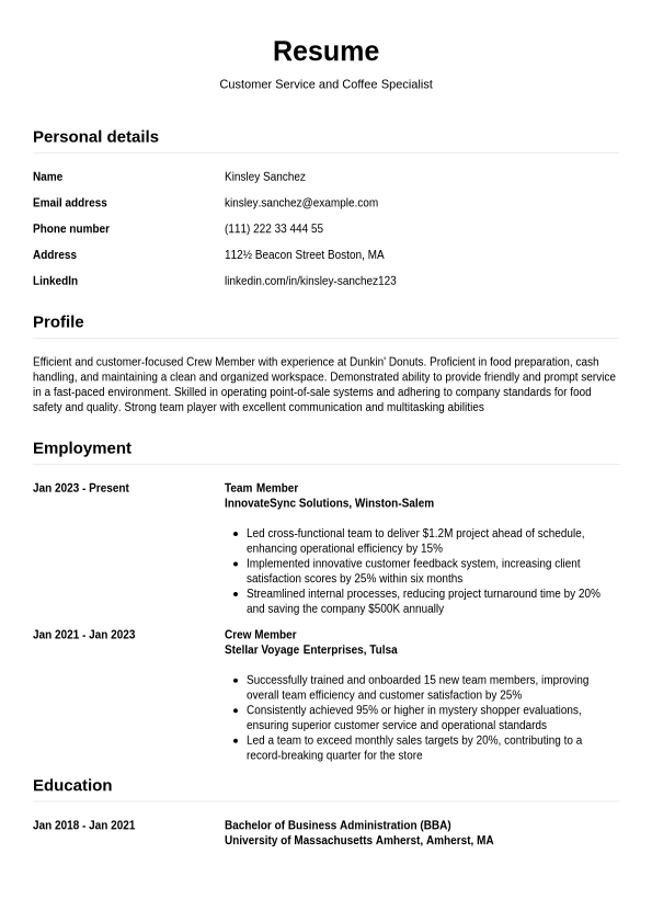 Dunkin' Donuts Resume Example | Jobseeker
