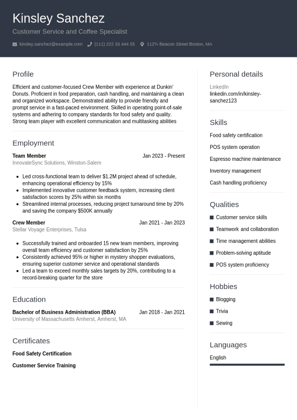 Dunkin' Donuts Resume Example | Jobseeker