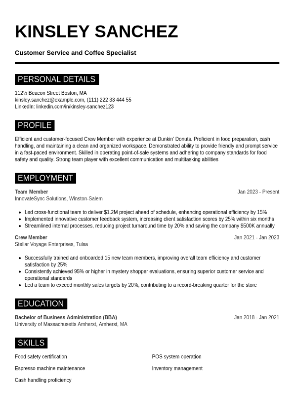 Dunkin' Donuts Resume Example | Jobseeker