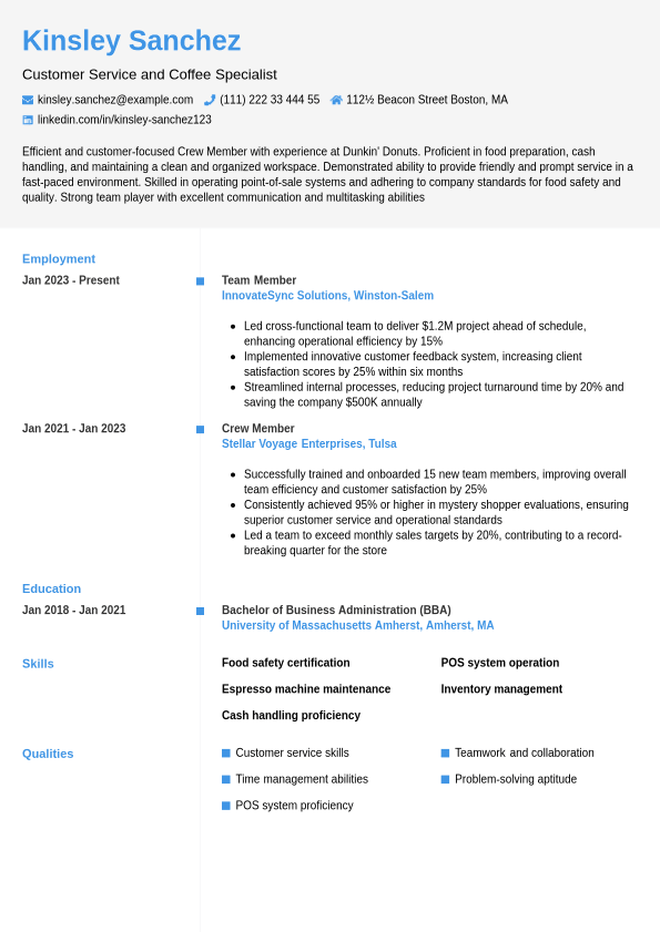 Dunkin' Donuts Resume Example | Jobseeker