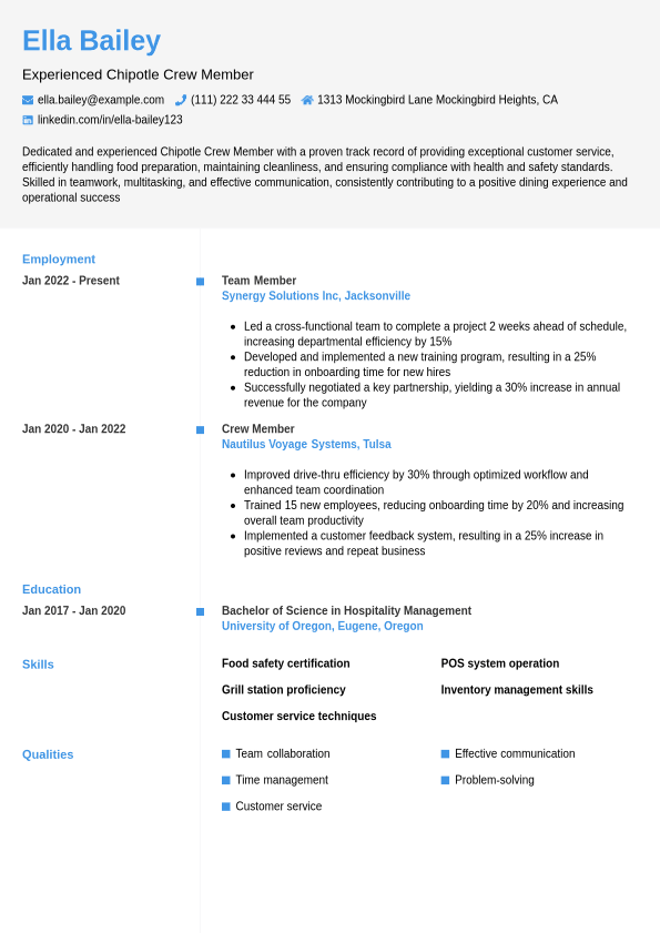 Chipotle Resume Example | Jobseeker