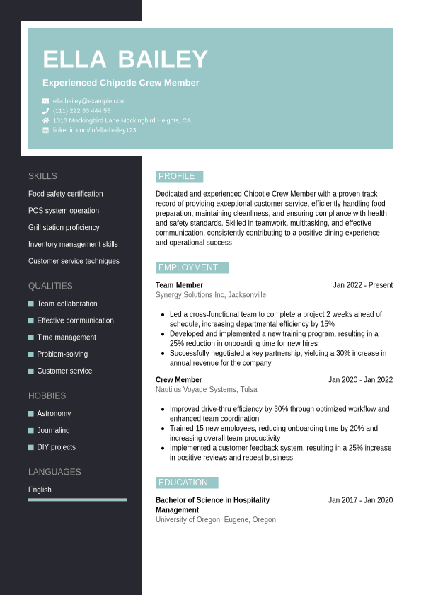 Chipotle Resume Example | Jobseeker