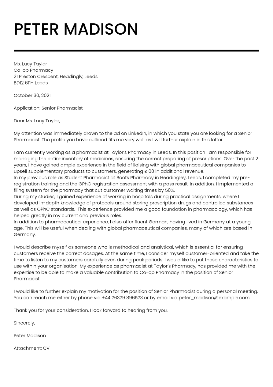 Pharmacist Cover Letter example | Jobseeker