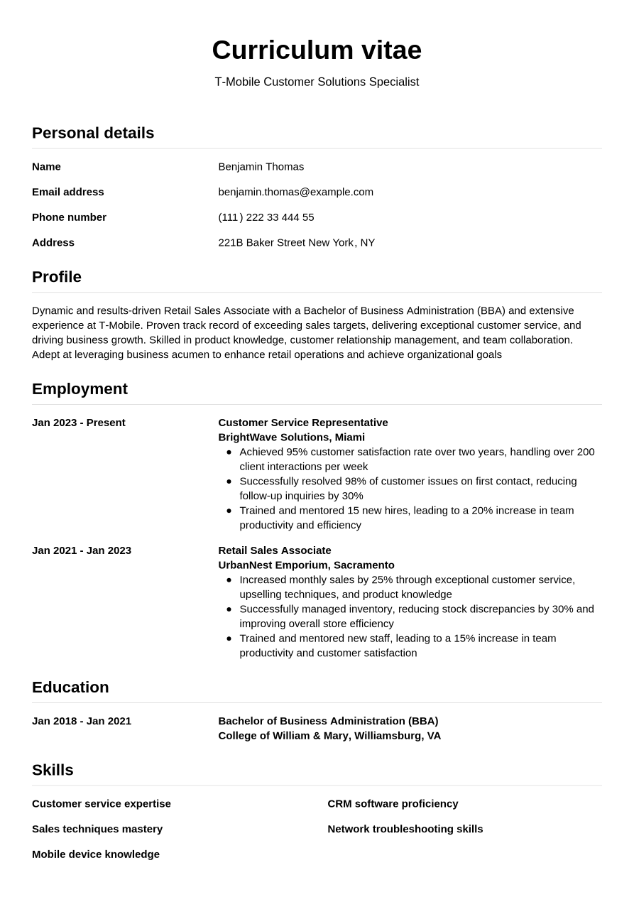 T-Mobile Resume Example | Jobseeker