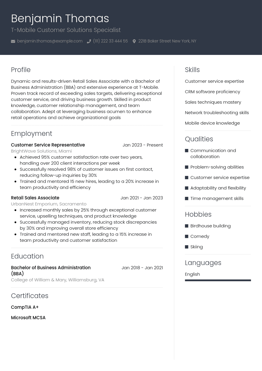 T-Mobile Resume Example | Jobseeker