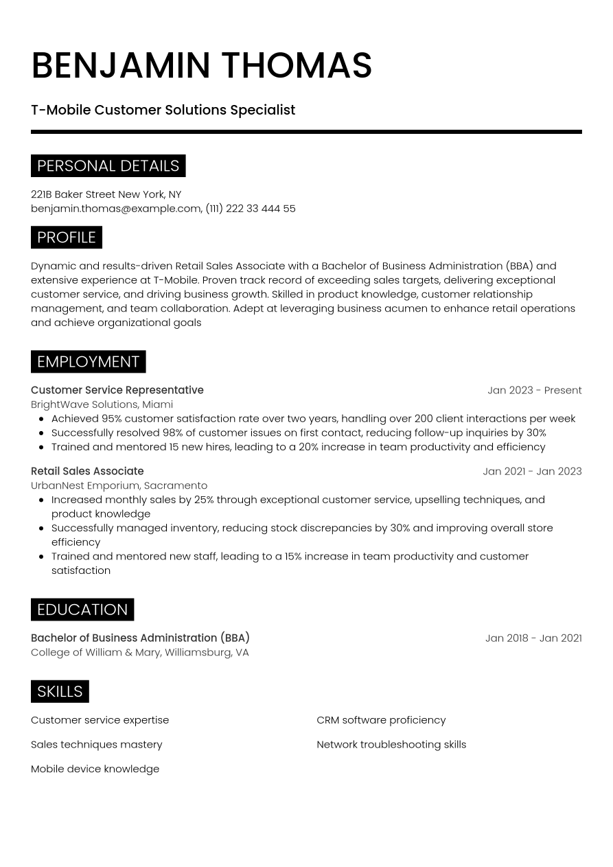 T-Mobile Resume Example | Jobseeker