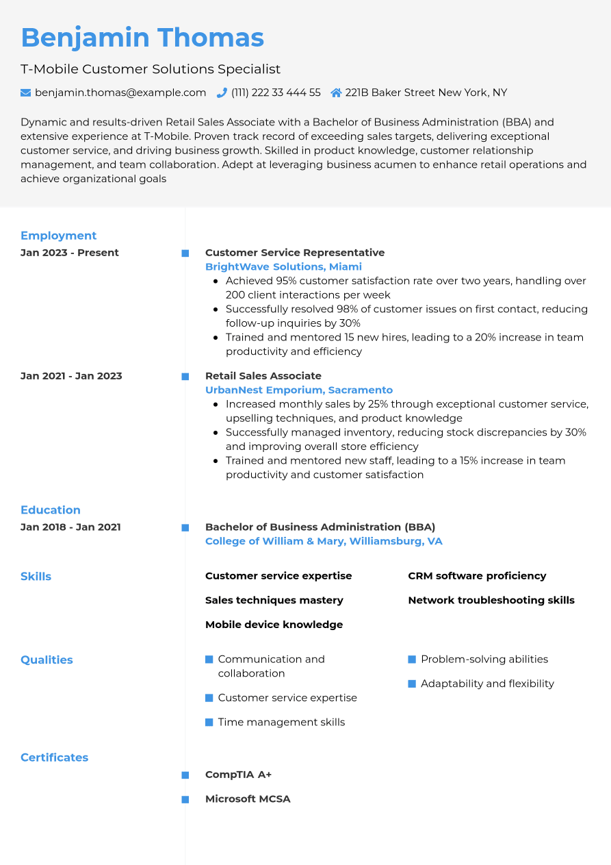 T-Mobile Resume Example | Jobseeker