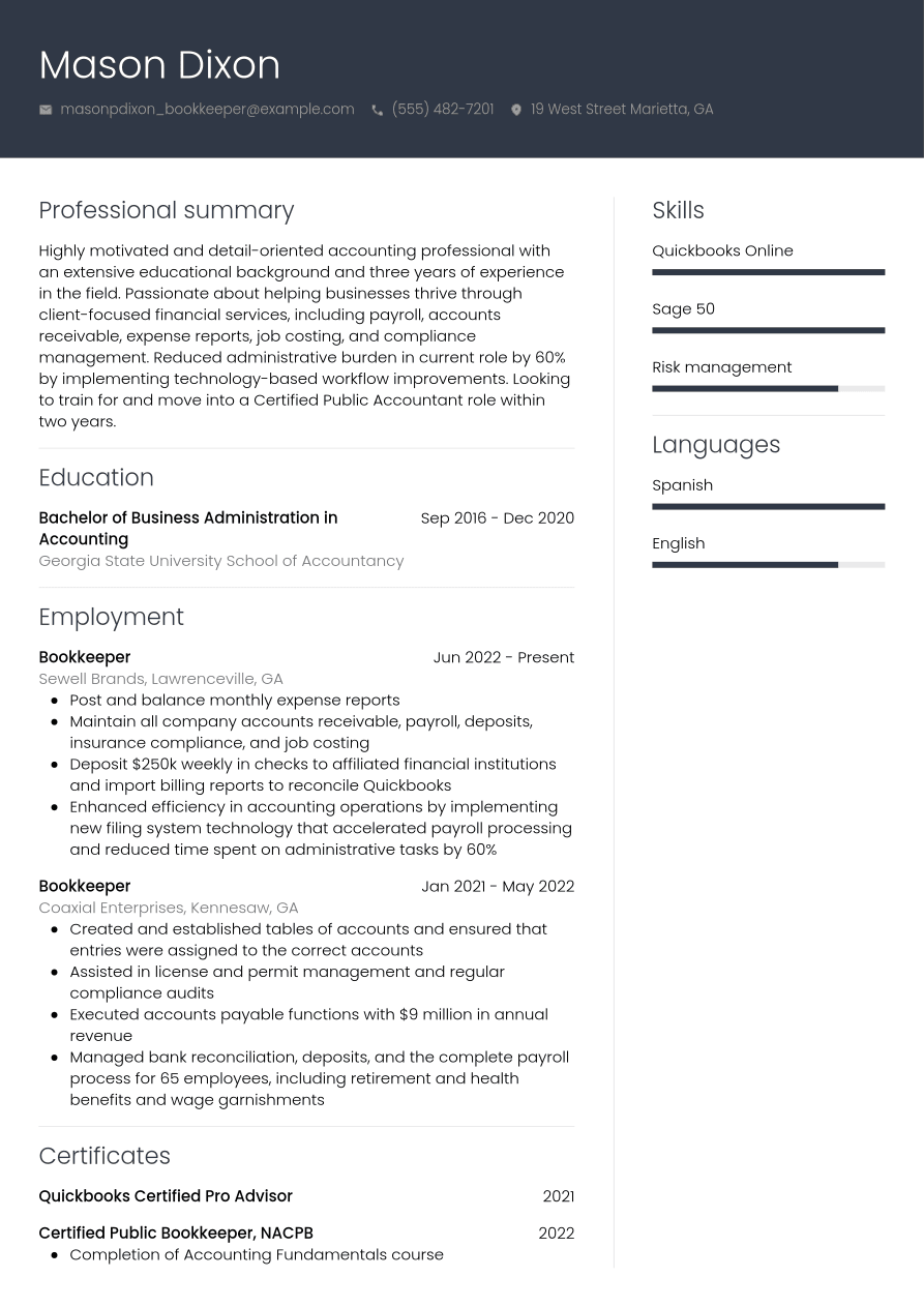 Bookkeeper resume example | Jobseeker