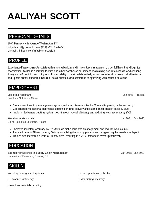 Warehouse Resume Example | Jobseeker