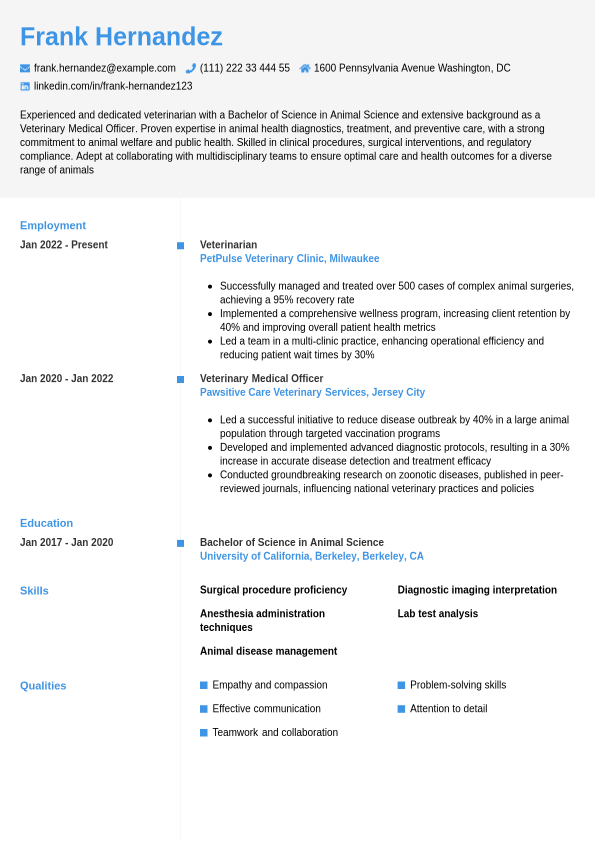 Veterinarian Resume Example | Jobseeker