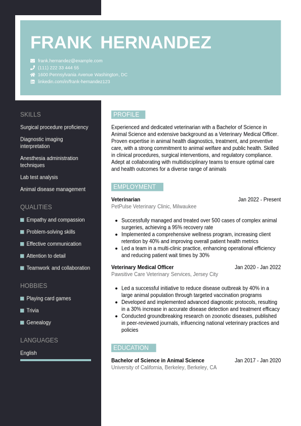 Veterinarian Resume Example | Jobseeker