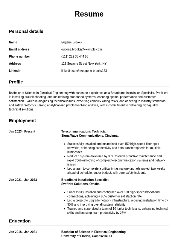 Cable Technician Resume Example | Jobseeker