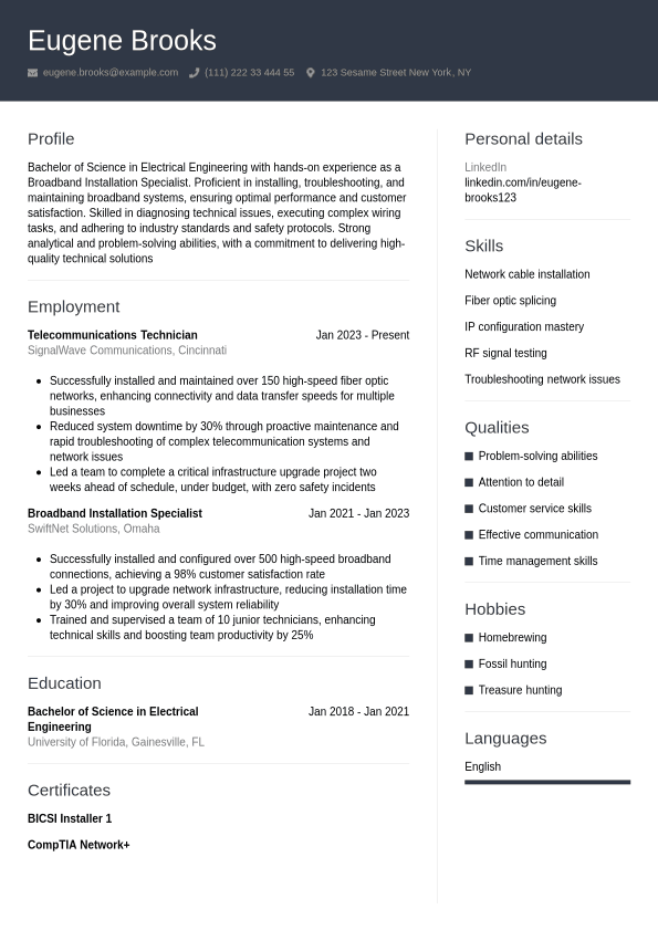 Cable Technician Resume Example | Jobseeker