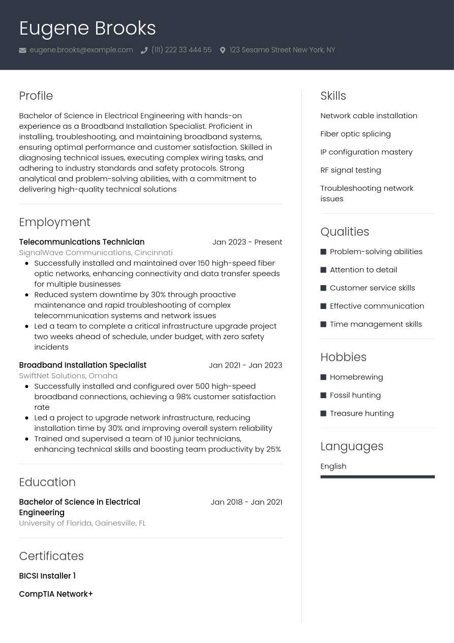 Cable Technician Resume Example | Jobseeker