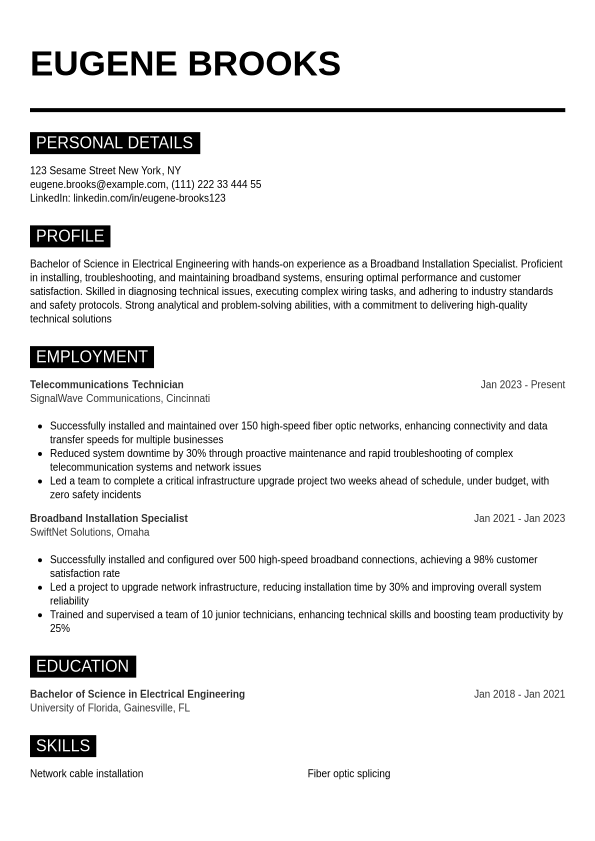 Cable Technician Resume Example | Jobseeker
