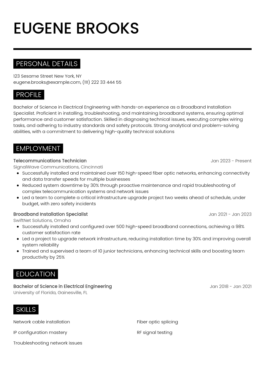 Cable Technician Resume Example | Jobseeker
