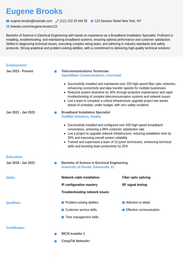 Cable Technician Resume Example | Jobseeker
