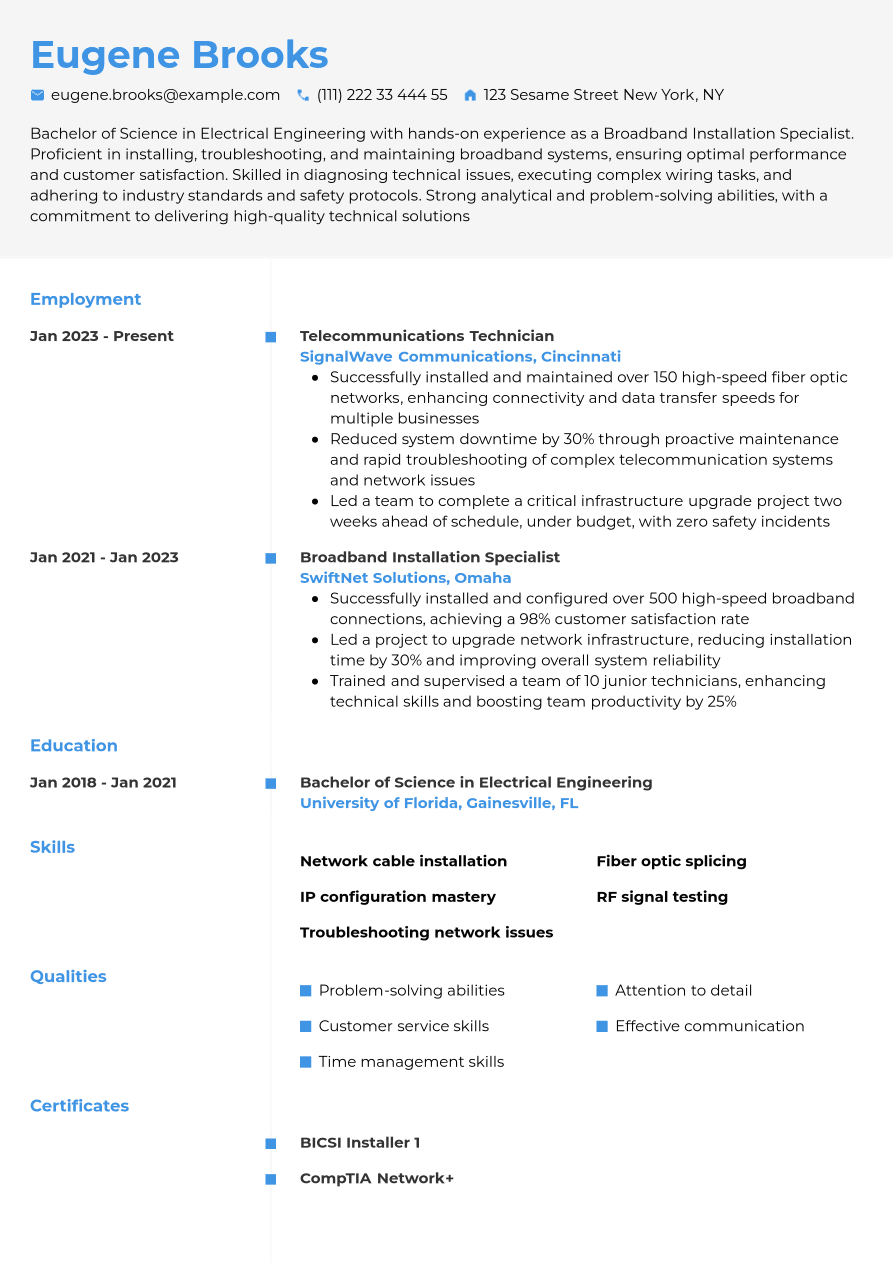 Cable Technician Resume Example | Jobseeker