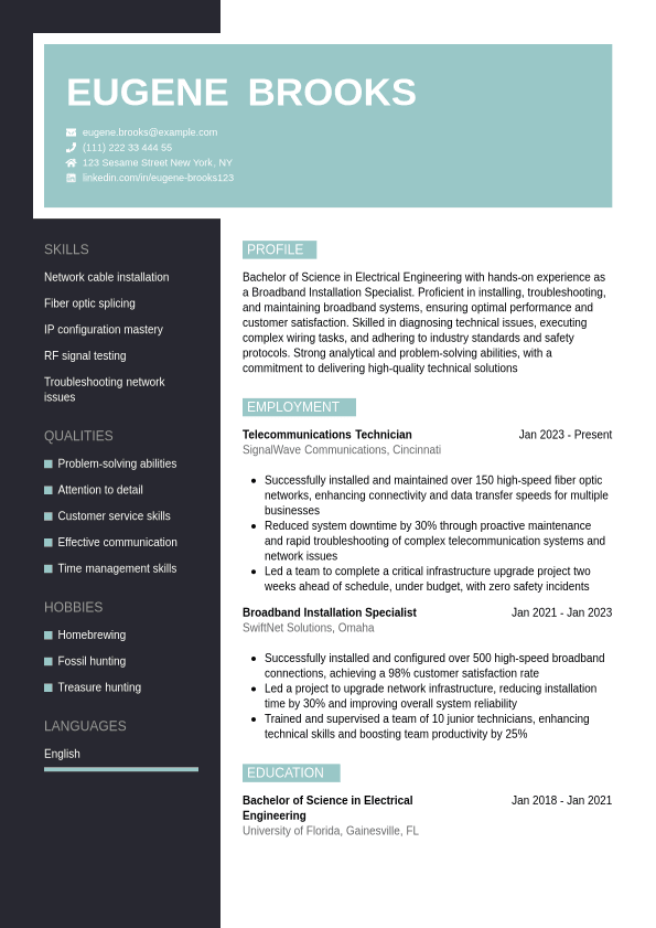 Cable Technician Resume Example | Jobseeker