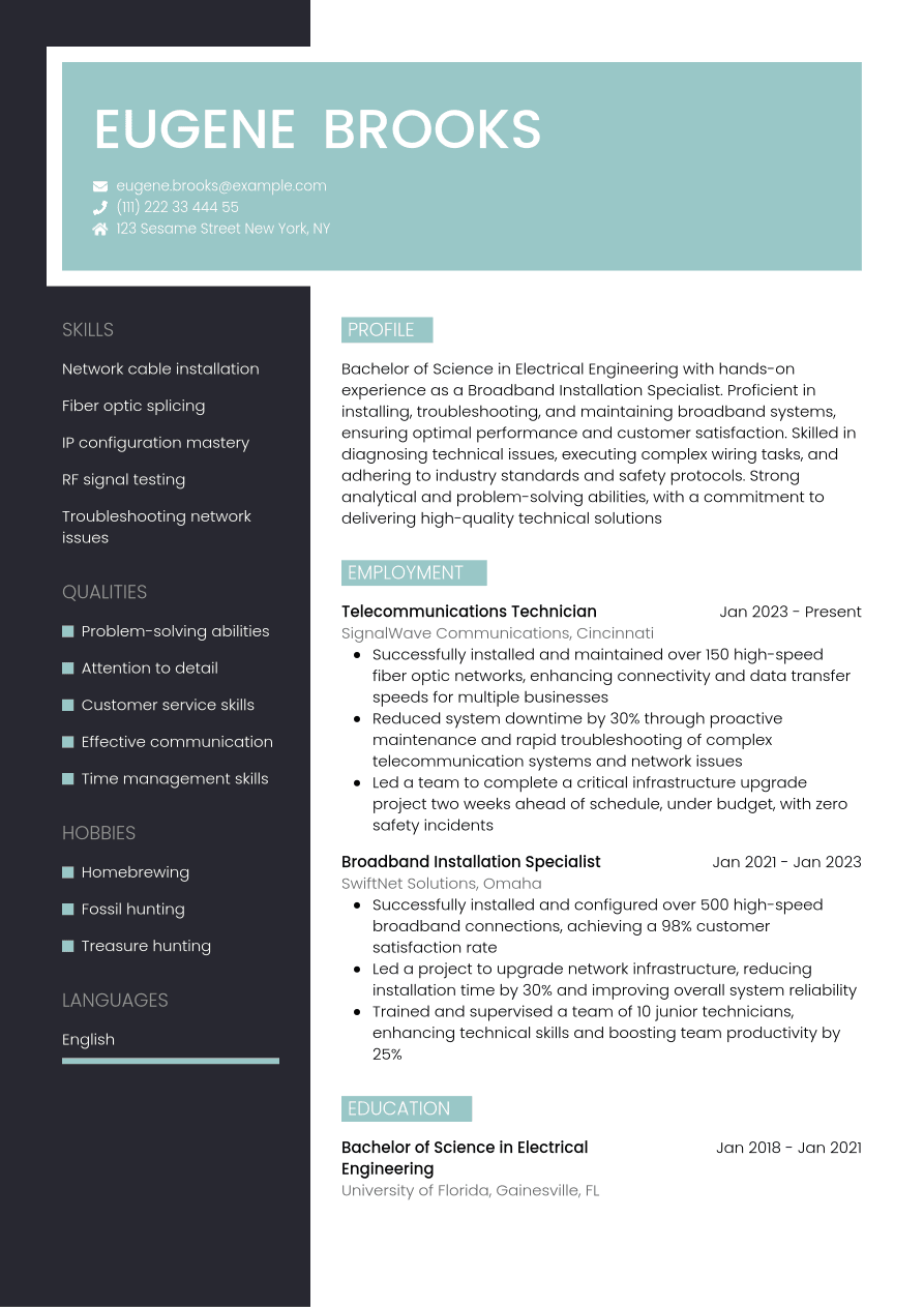 Cable Technician Resume Example | Jobseeker