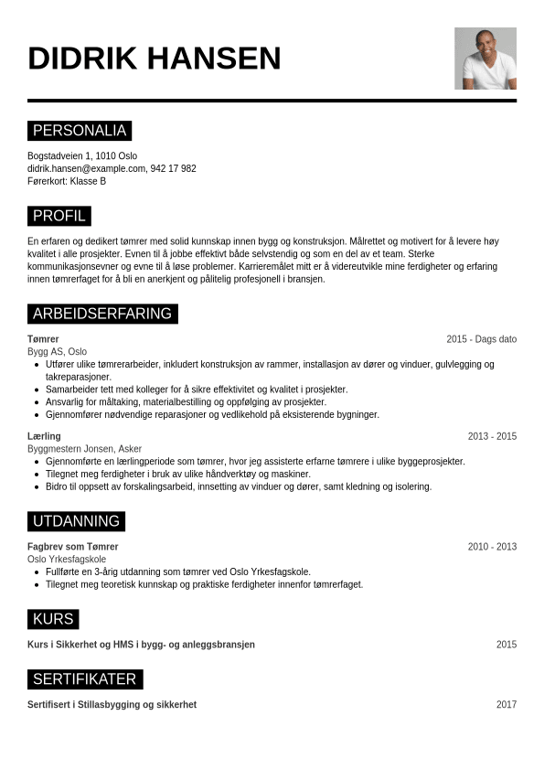 CV eksempel tømrer | Jobseeker