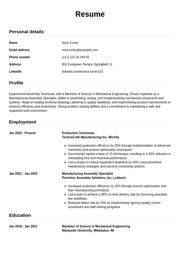 Assembly Technician Resume Example | Jobseeker
