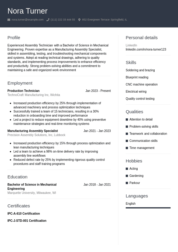 Assembly Technician Resume Example | Jobseeker