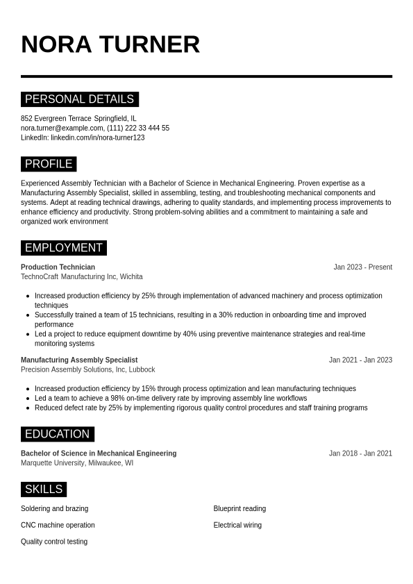 Assembly Technician Resume Example | Jobseeker