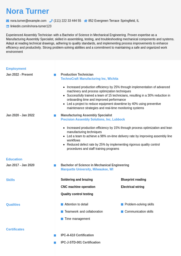 Assembly Technician Resume Example | Jobseeker