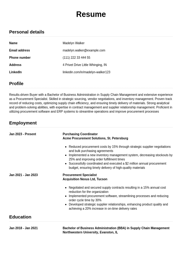 Buyer Resume Example | Jobseeker