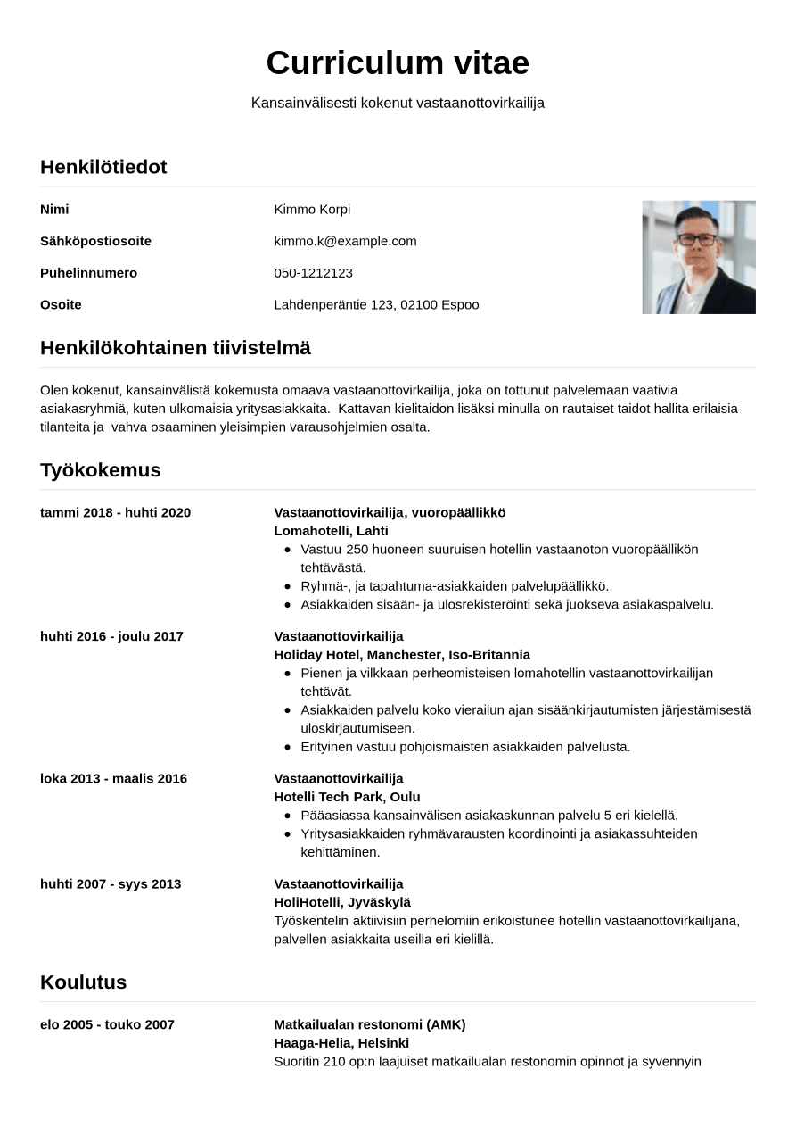 Esimerkki-CV vastaanottovirkailija | Jobseeker