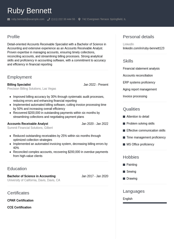 Accounts Receivable Resume Example | Jobseeker