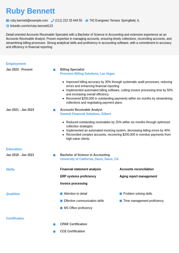 Accounts Receivable Resume Example | Jobseeker