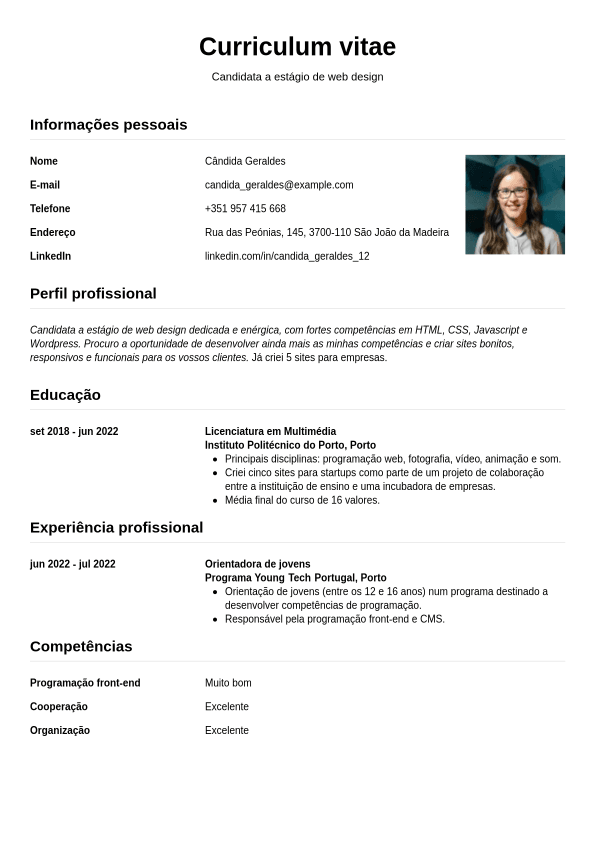 Exemplo de curriculum vitae para estágio | Jobseeker