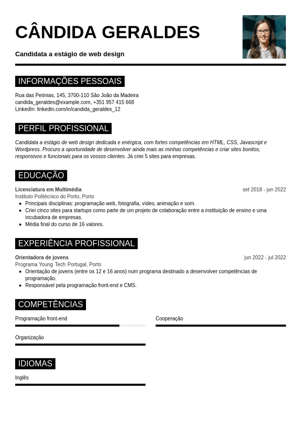 Exemplo de curriculum vitae para estágio | Jobseeker