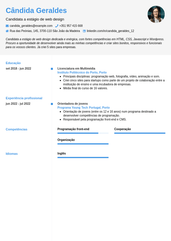 Exemplo de curriculum vitae para estágio | Jobseeker