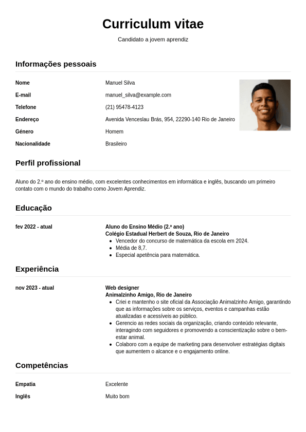Exemplo de currículo de jovem aprendiz | Jobseeker