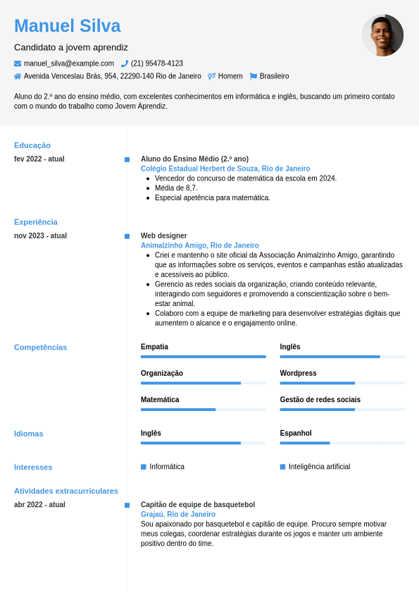 Exemplo de currículo de jovem aprendiz | Jobseeker
