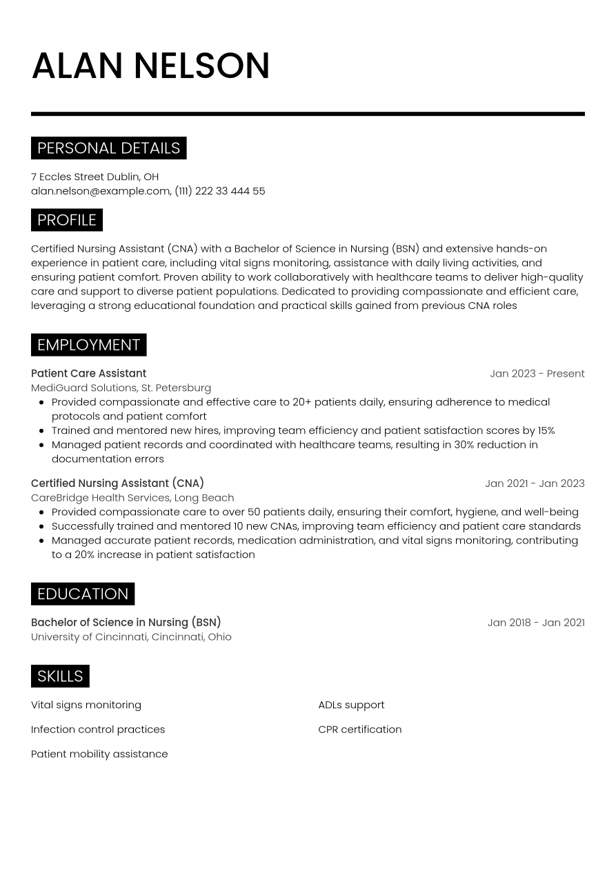 CNA Resume Example | Jobseeker