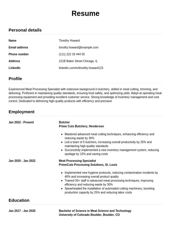 Butcher Resume Example | Jobseeker
