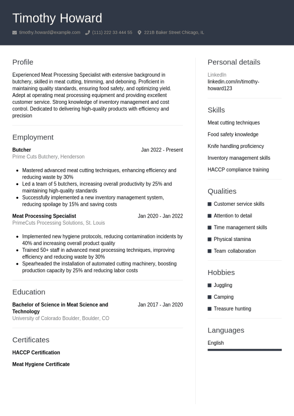 Butcher Resume Example | Jobseeker