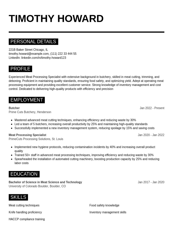 Butcher Resume Example | Jobseeker