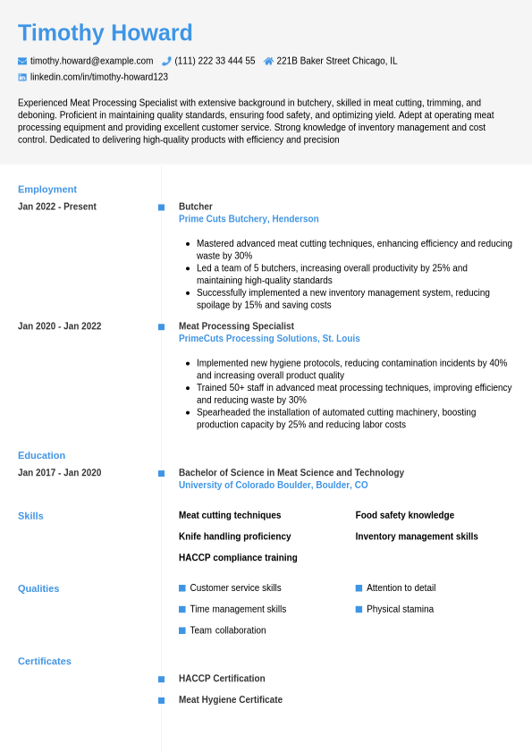 Butcher Resume Example | Jobseeker
