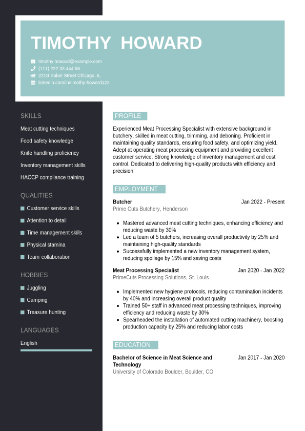 Butcher Resume Example | Jobseeker