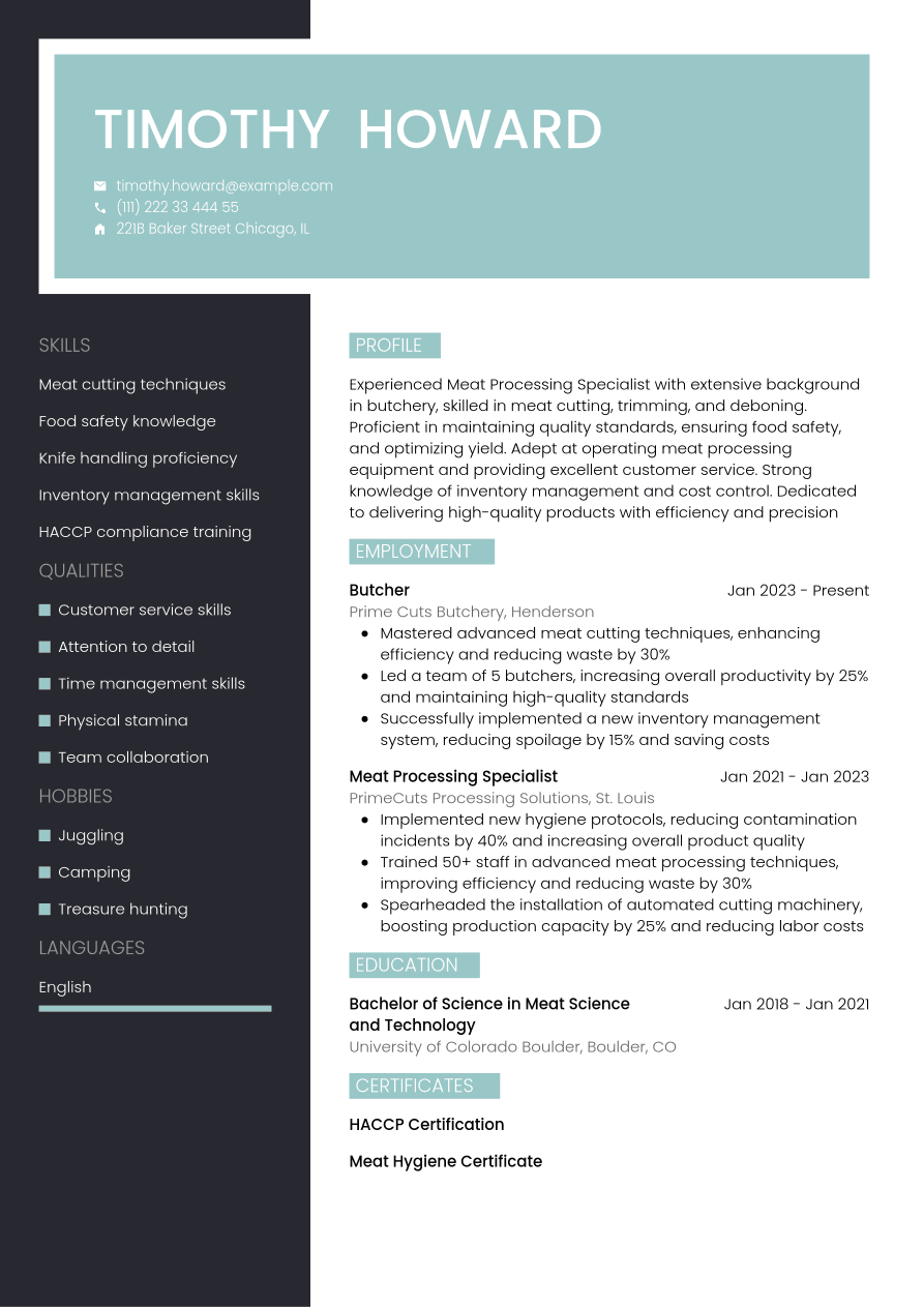 Butcher Resume Example | Jobseeker